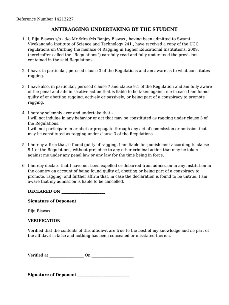 Anti Ragging Affidavit Form | PDF | Affidavit
