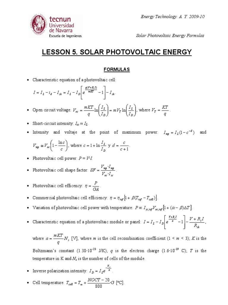 Solar PVEnergy Formulas | PDF | Photovoltaics | Solar Cell