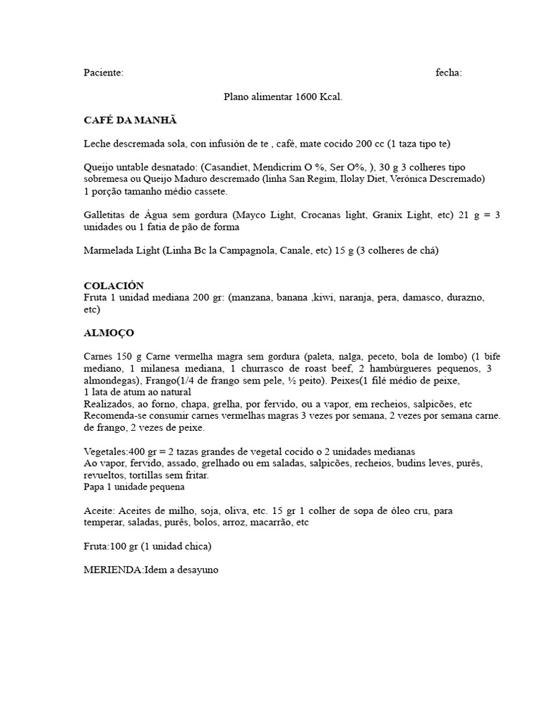 Alimentação modelo 1600 cal/dia | PDF | Carne | Milho