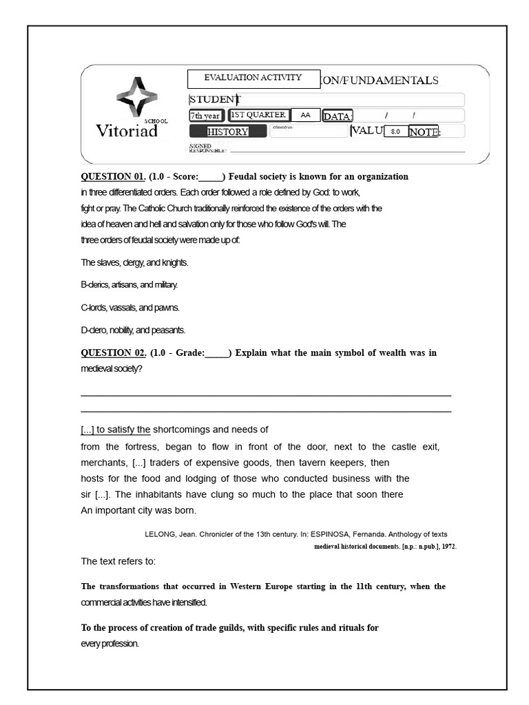 Assessment Activity 7th grade | PDF | Middle Ages | Feudalism