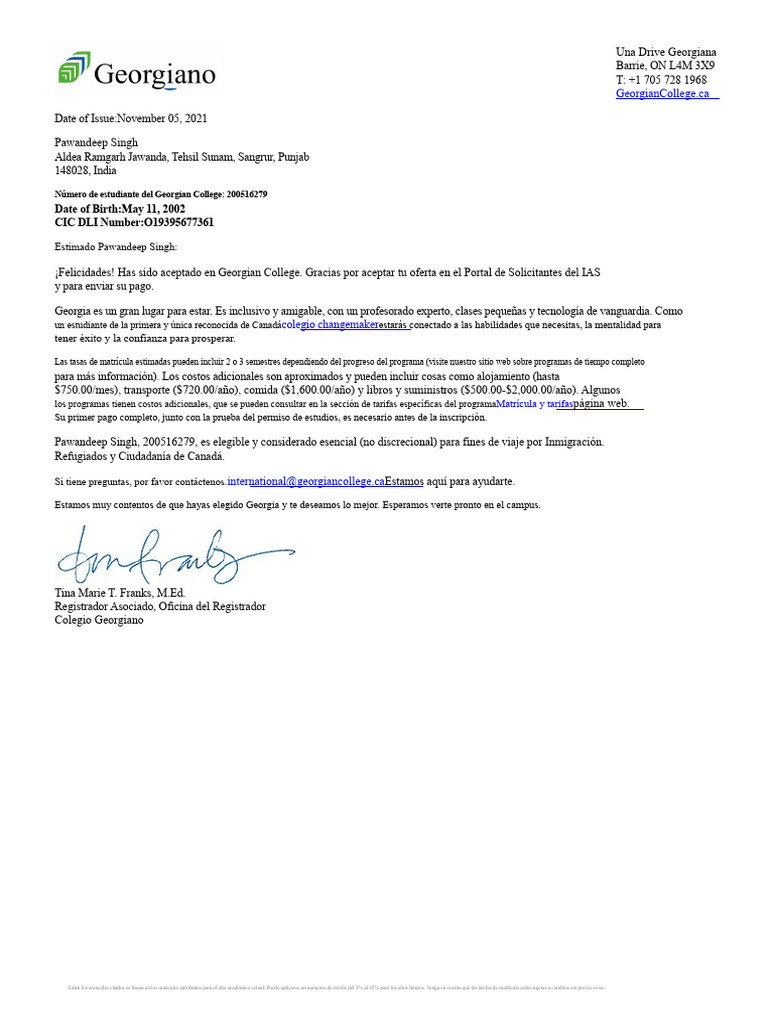 Carta de Aceptación Georgiana | PDF | Seguro