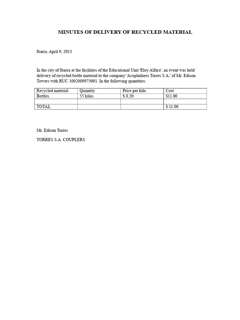 Delivery Record of Recycled Material | PDF