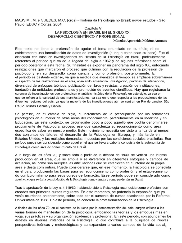 ANTUNES, MITSUKO. La psicología en Brasil en el siglo XX: desarrollo científico y profesional ...