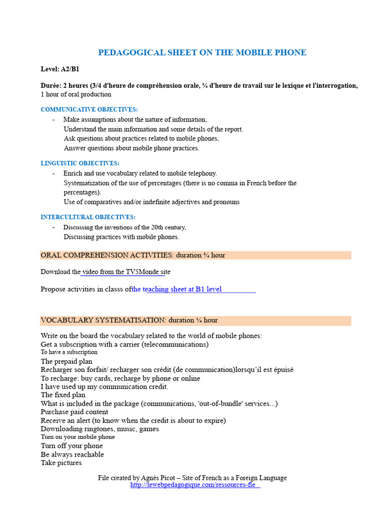 pedagogical-sheet-on-mobile-phone1.pdf | PDF | Telephone | Smartphone