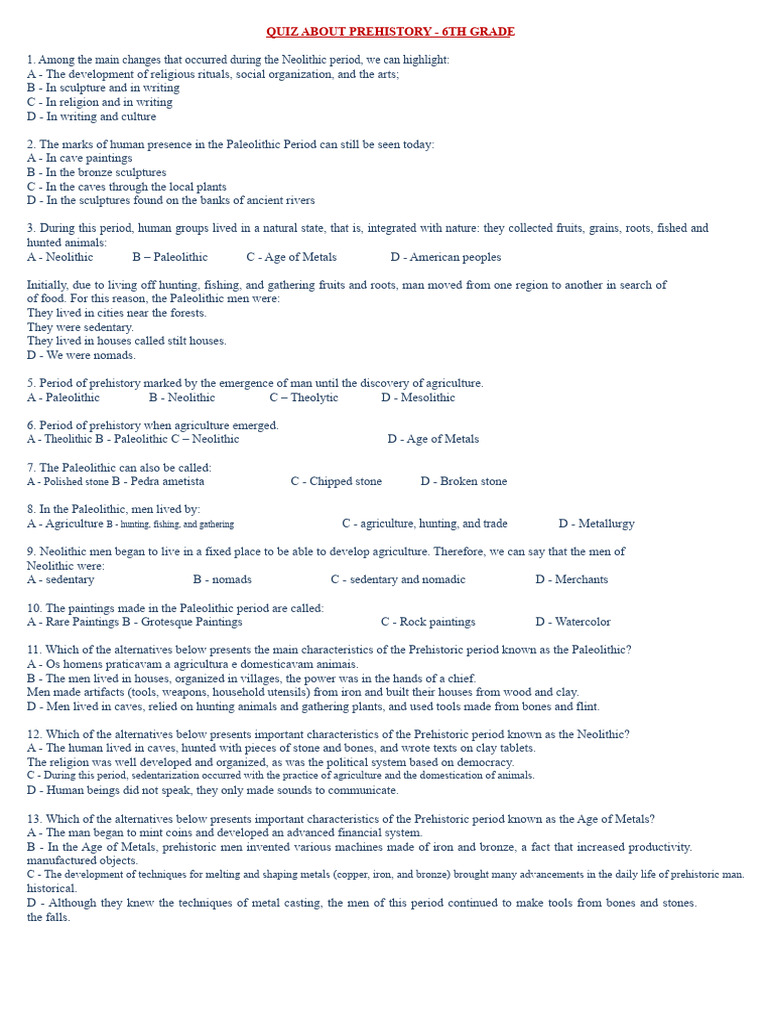 Prehistory Quiz for 6th Graders | PDF | Paleolithic | Neolithic