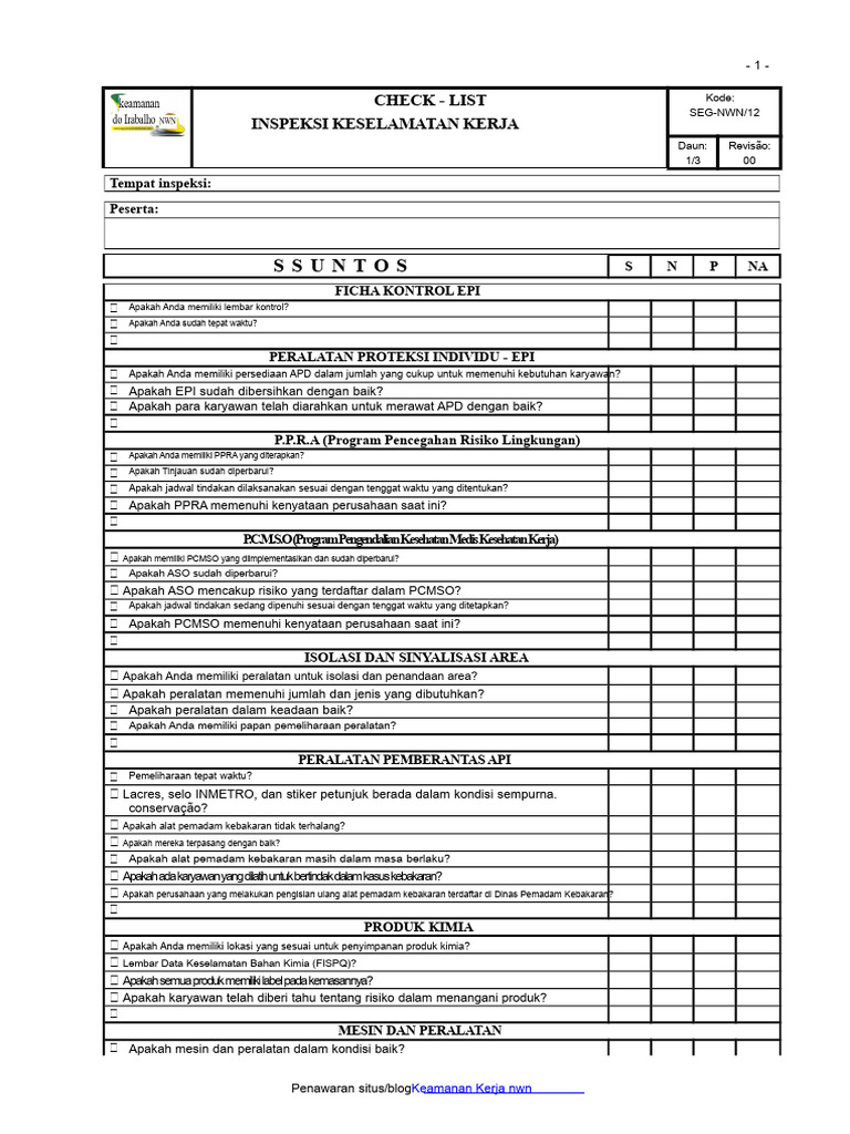 Checklist Inspeksi Keselamatan Kerja | PDF