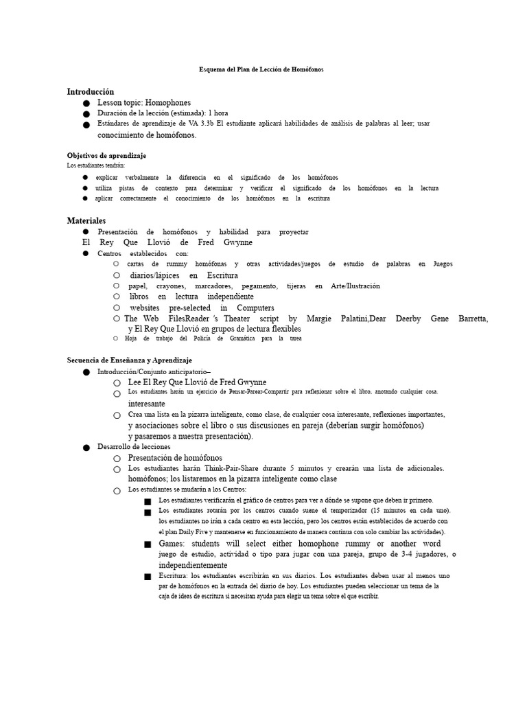 Plan de Lección Sobre Homófonos | PDF