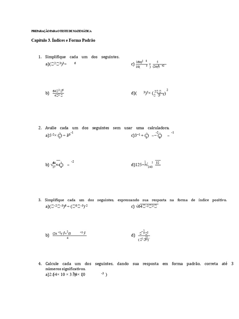 Teste de Matemática: Índices e Forma Padrão | PDF | Matemática
