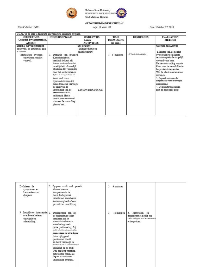 Gezondheidsonderwijsplan Dyspneu | PDF
