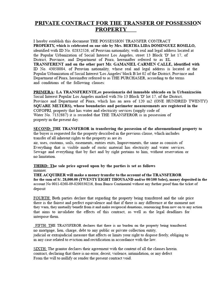 Contract For Transfer of Possession of Property Brother of Edgar | PDF ...