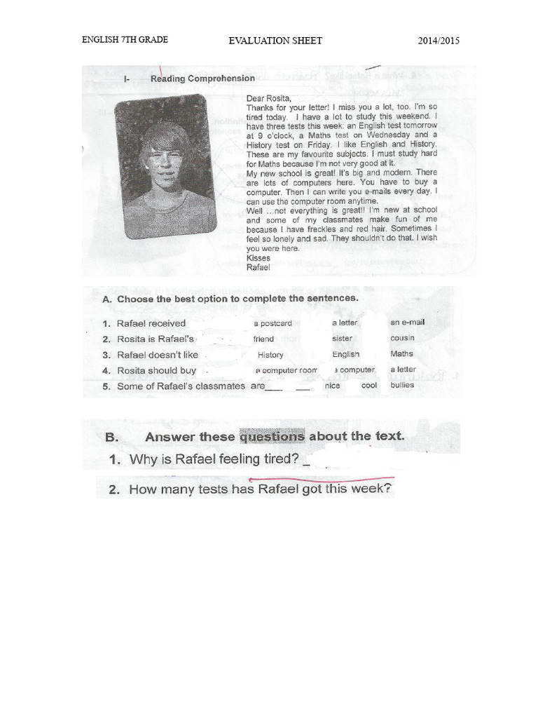 English Worksheet 7th Grade Dec 2014 | PDF