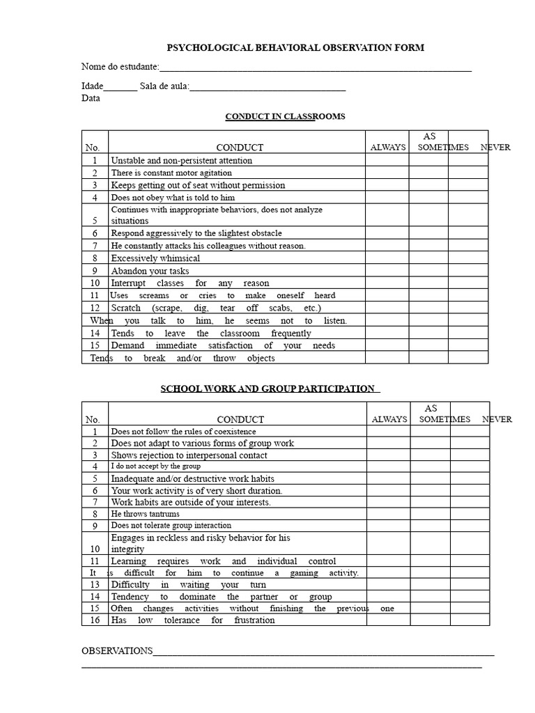 Classroom Behavioral Observation Form | PDF | Psychology ...