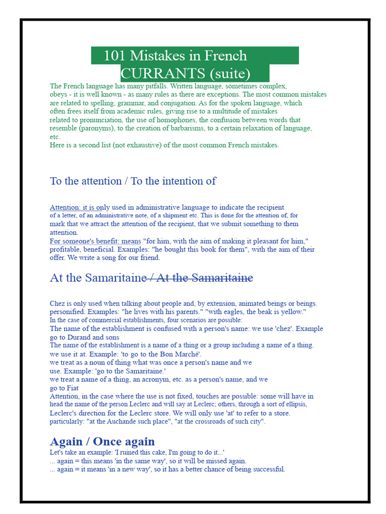 101 Common French Mistakes | PDF | Verb | Grammatical Gender