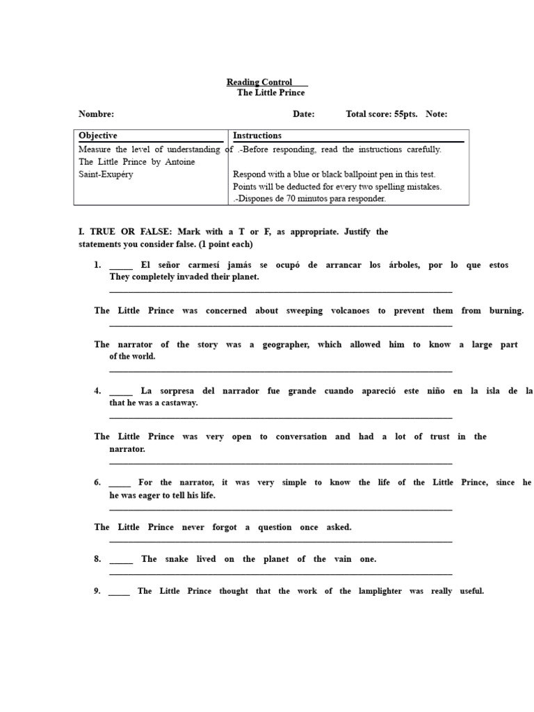 The Little Prince Reading Comprehension Test | PDF | The Little Prince