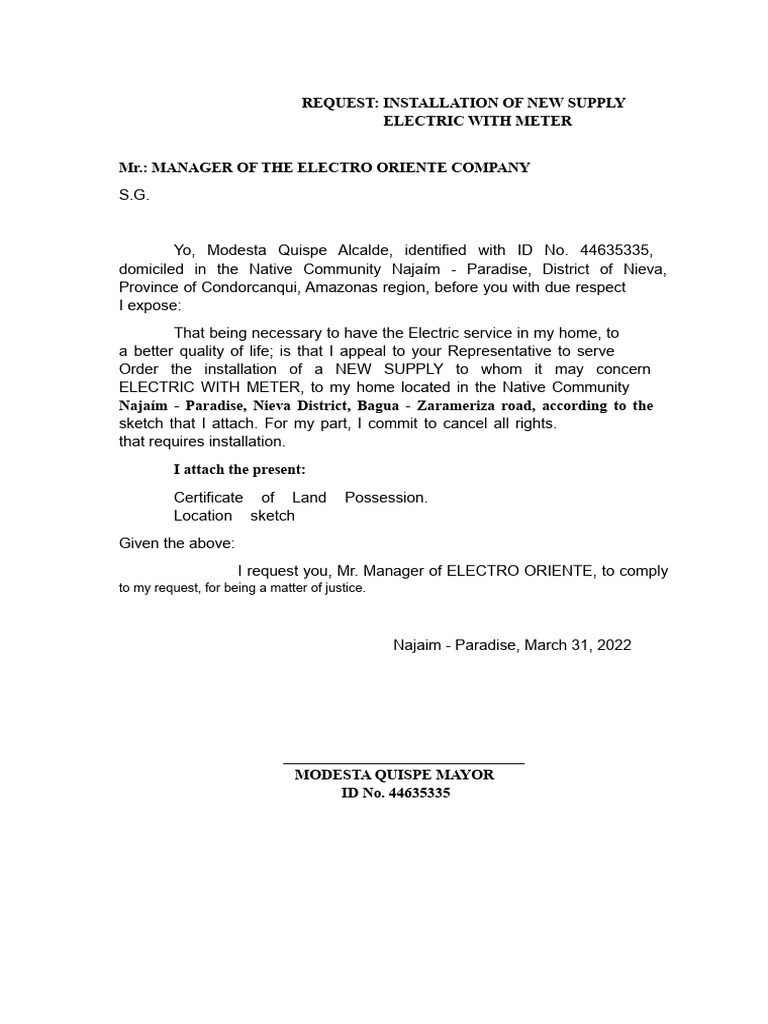 Request for Installation of New Electric Supply Docx | PDF