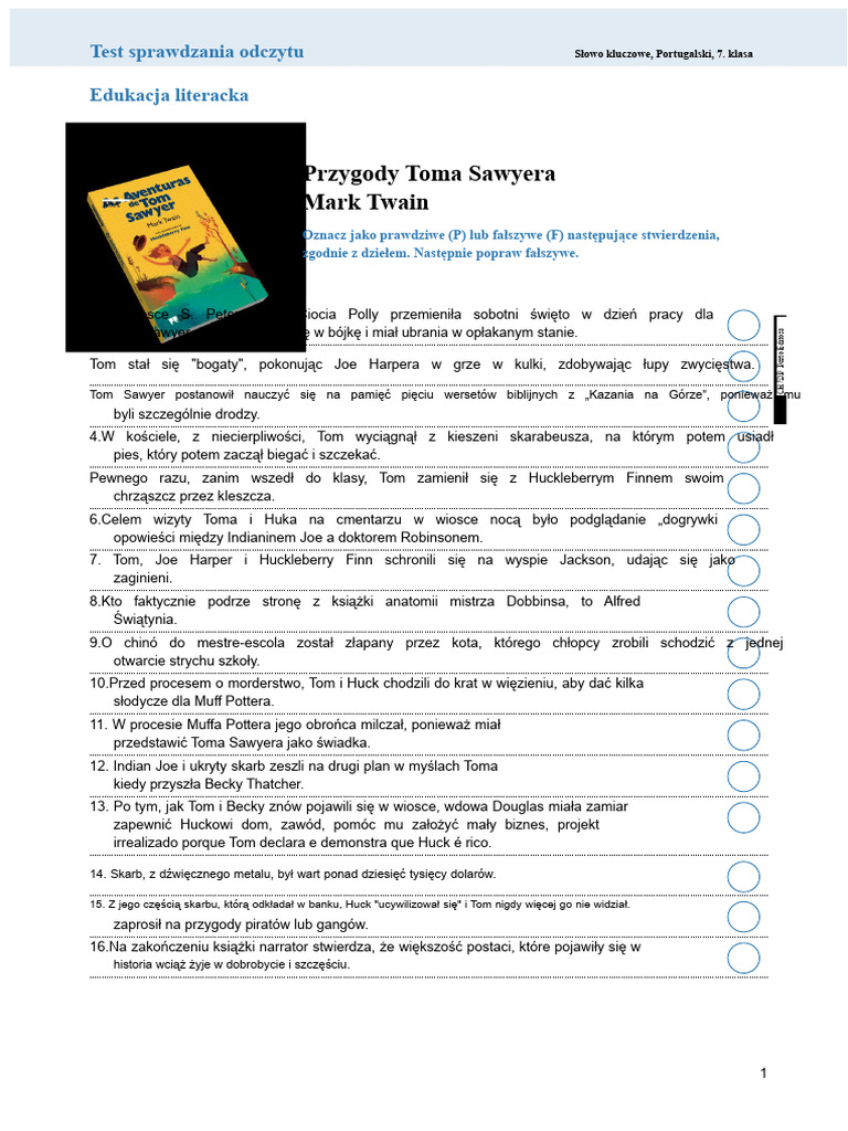 Test Czytania Tom sawyer-ROZWIĄZANIA | PDF