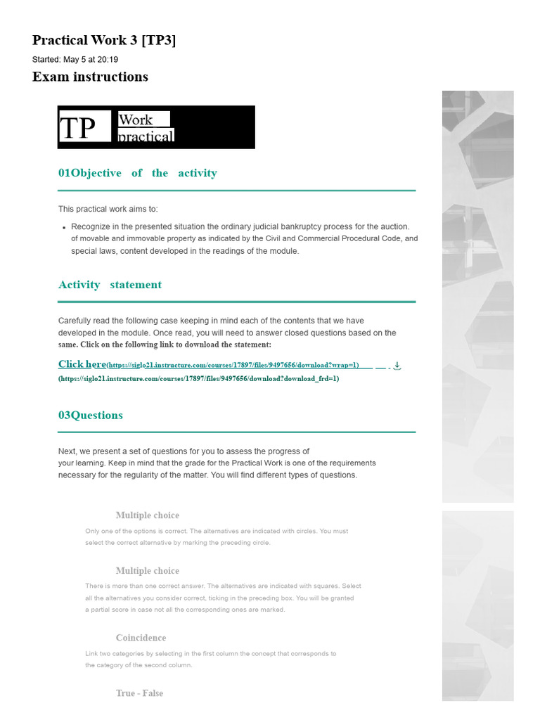 Exam Practical Work 3 (TP3) 100-100 | PDF | Bankruptcy | Business Law