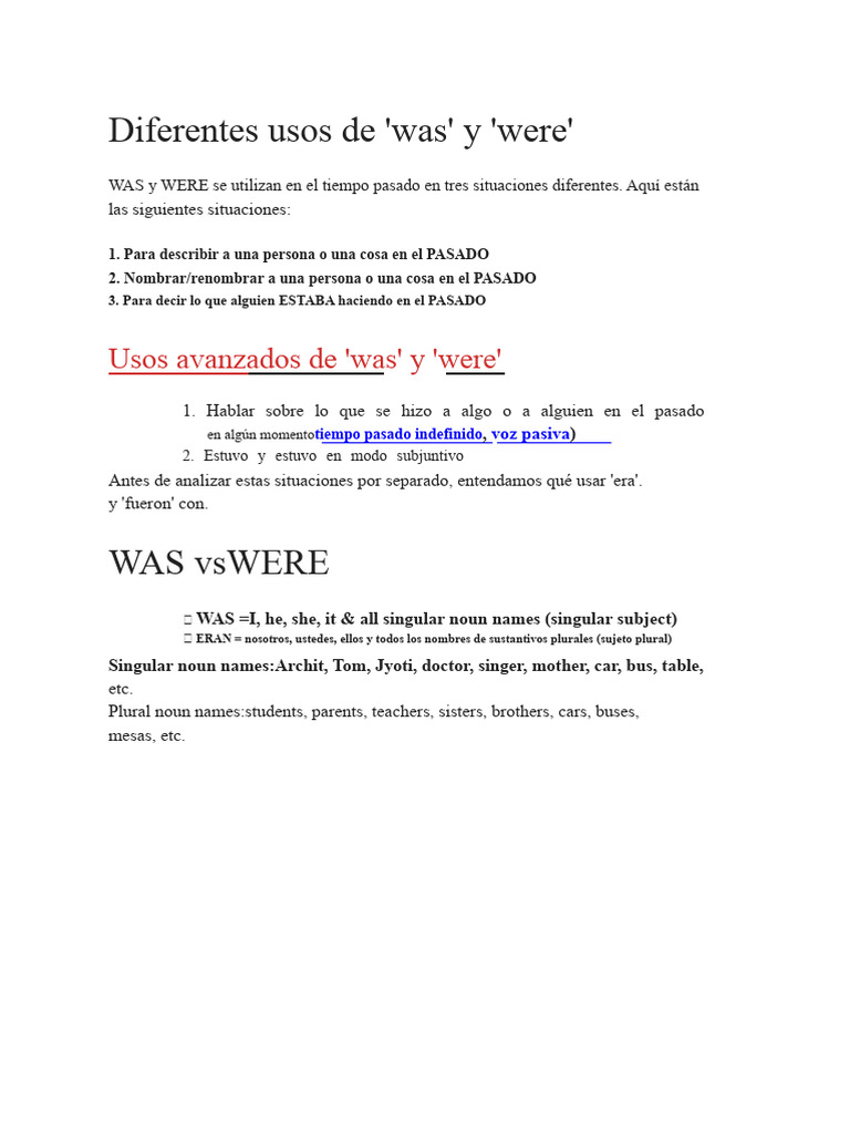Uso de "Was" y "Were" | PDF | Pronombre | Plural