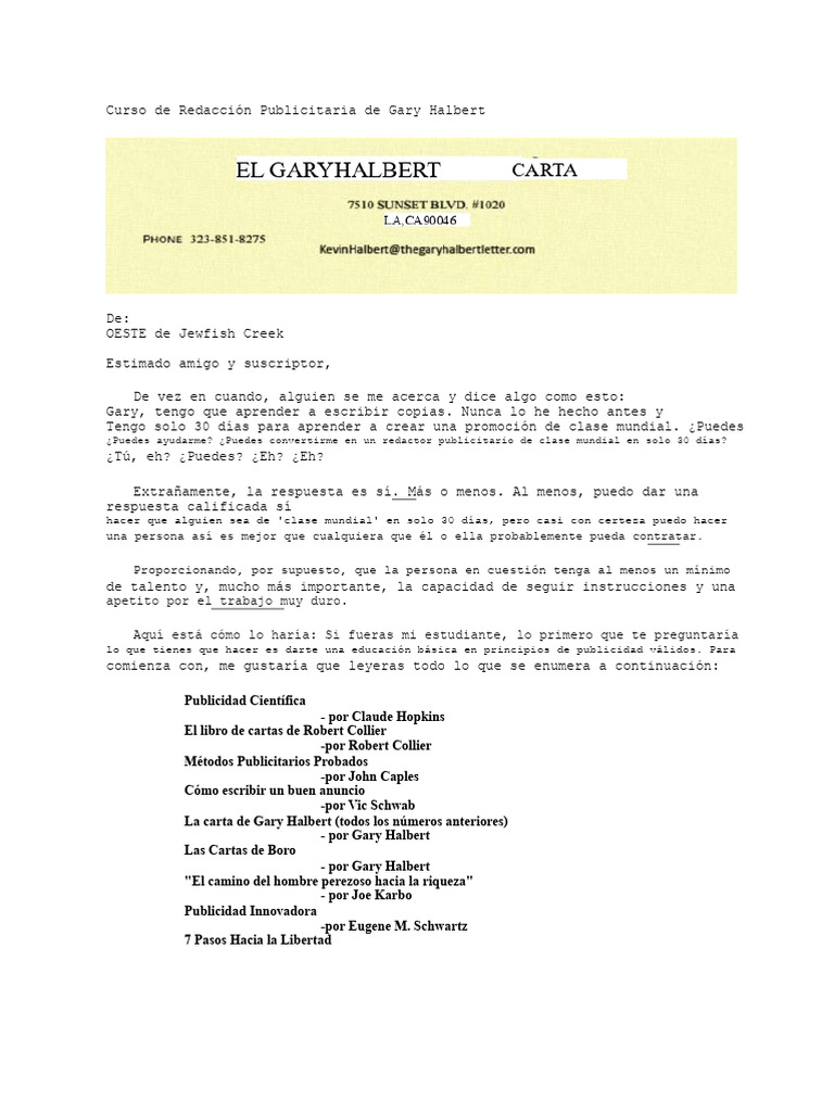 Curso de Redacción Publicitaria de Gary Halbert | PDF | Publicidad ...