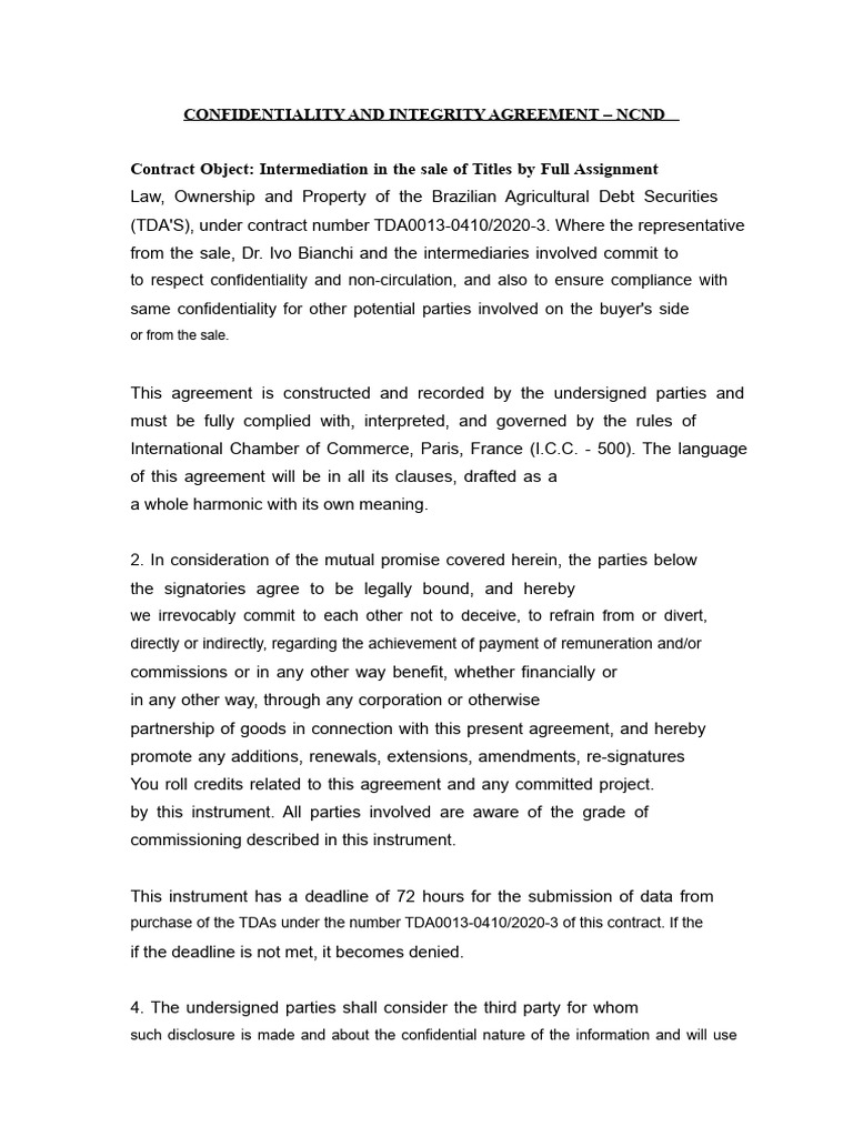 Confidentiality and Integrity Agreement - NCND | PDF | Non Disclosure ...