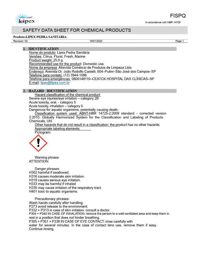 14 Safety Data Sheet - LIPEX SANITARY STONE 25g | PDF | Dangerous Goods ...