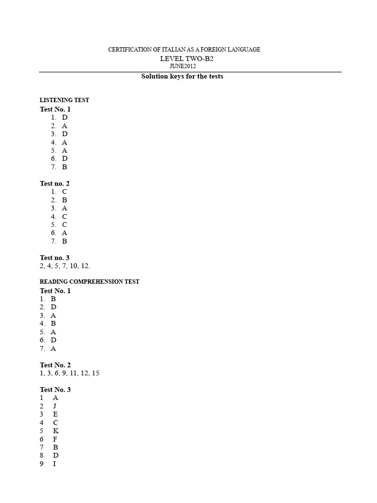 Italian Language B2 Certification Tests | PDF | Multiple Choice | Tourism