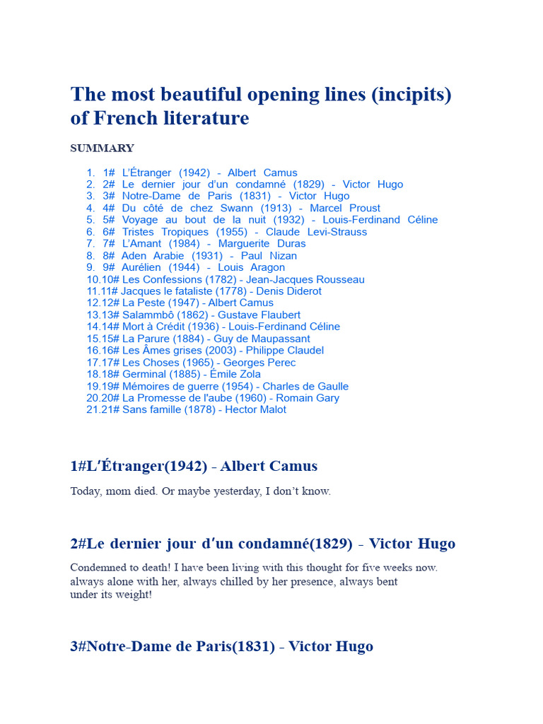 Famous beginnings | PDF | French Language Literature | French Literature