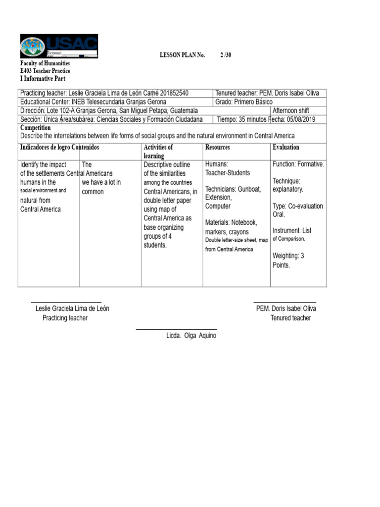 CLASS PLANS AND THEIR INSTRUMENTS USAC.pdf | PDF | Central America