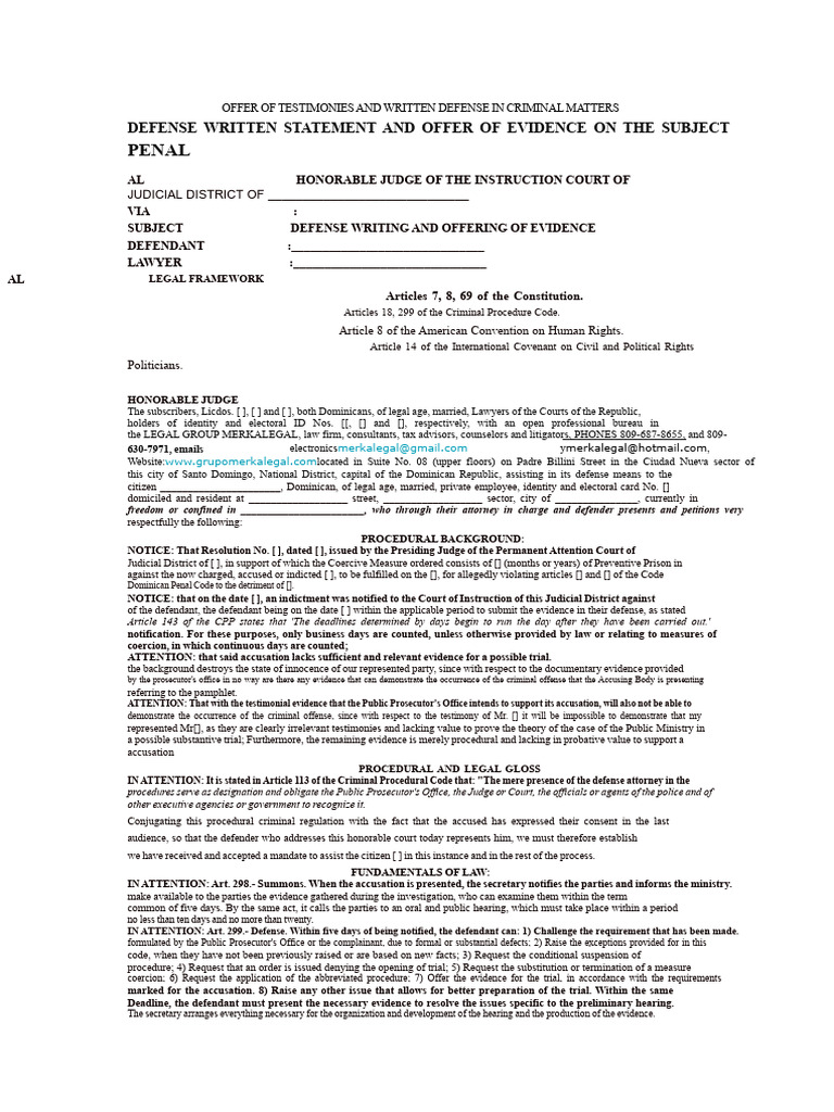 Offer of Testimonial Evidence and Written Defense in Criminal Case ...