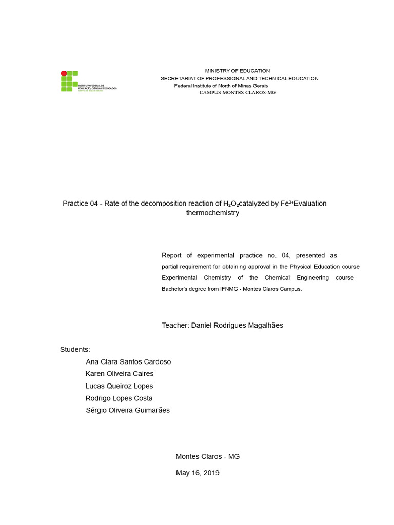 REPORT 4 FQ - Reaction Speed of H2O2 Decomposition Catalyzed by Fe3 ...