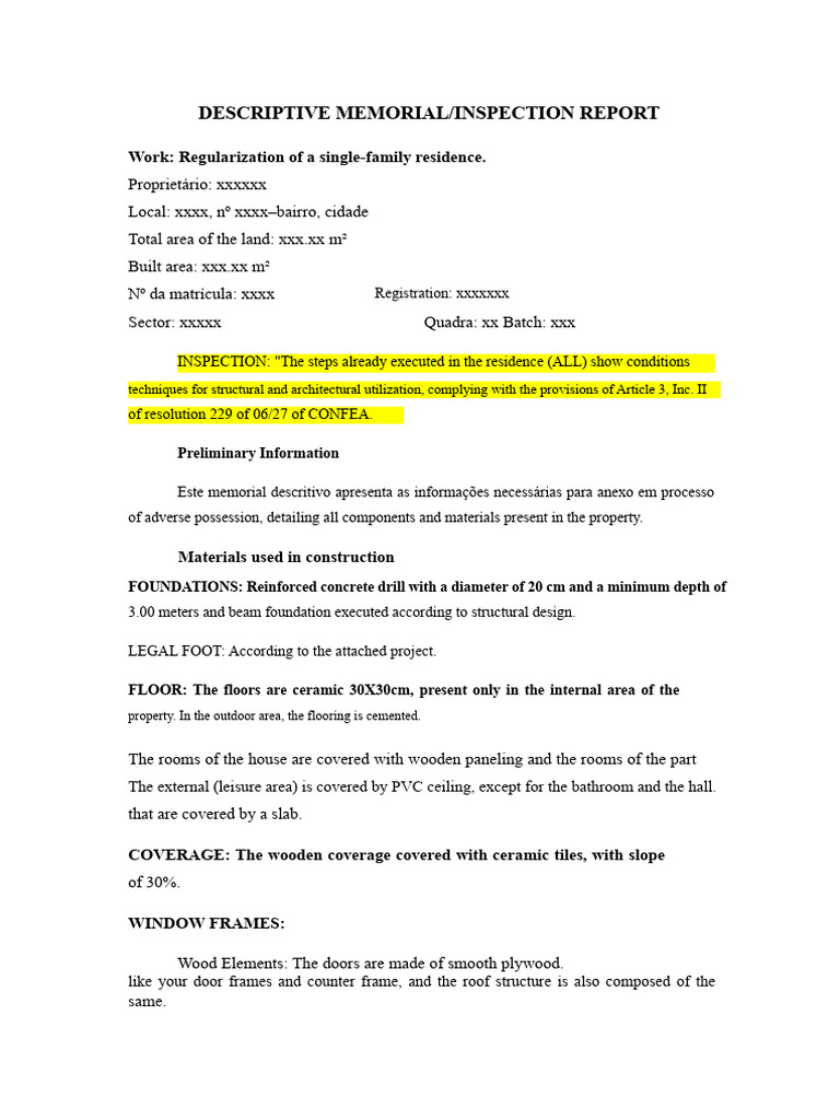 Descriptive Memorial - Inspection Report Residence | PDF | Wall | Masonry