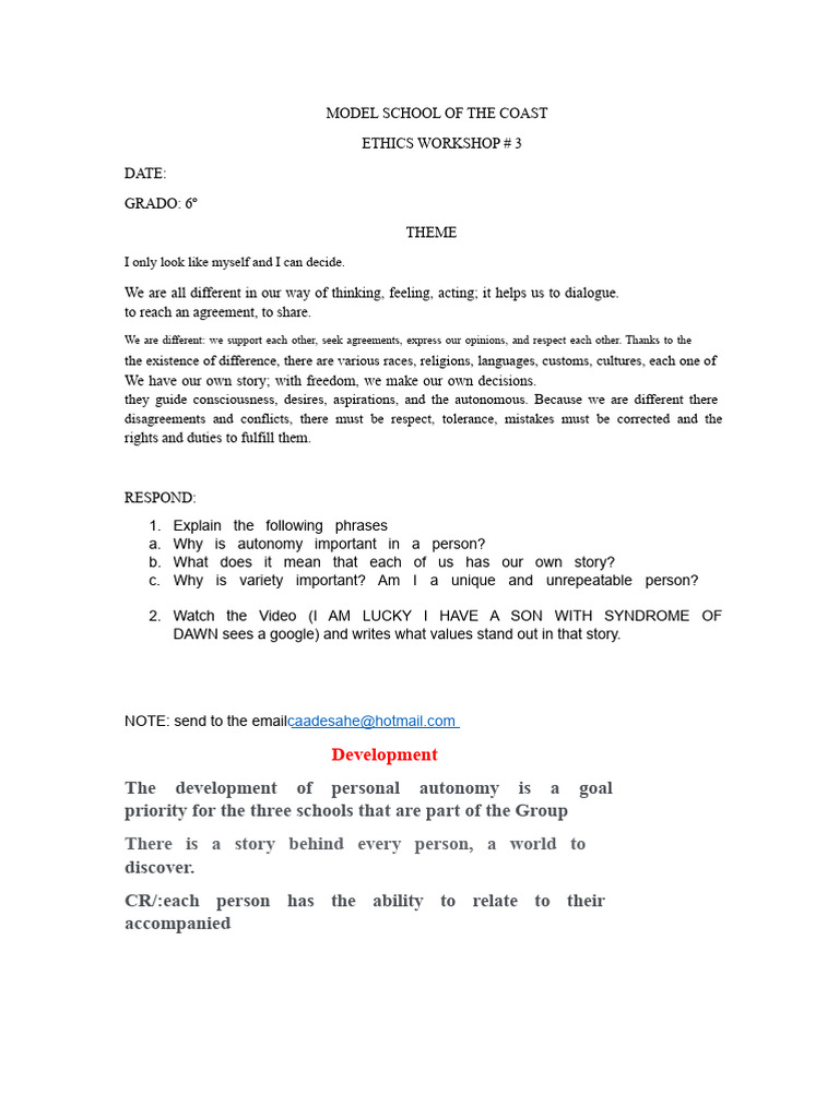 Workshop #3 Ethics Grade 6 I ONLY LOOK LIKE MYSELF AND I CAN DECIDE | PDF