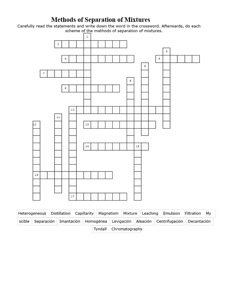 Crossword Puzzle Methods of Separation of Mixtures | PDF | Mixture ...