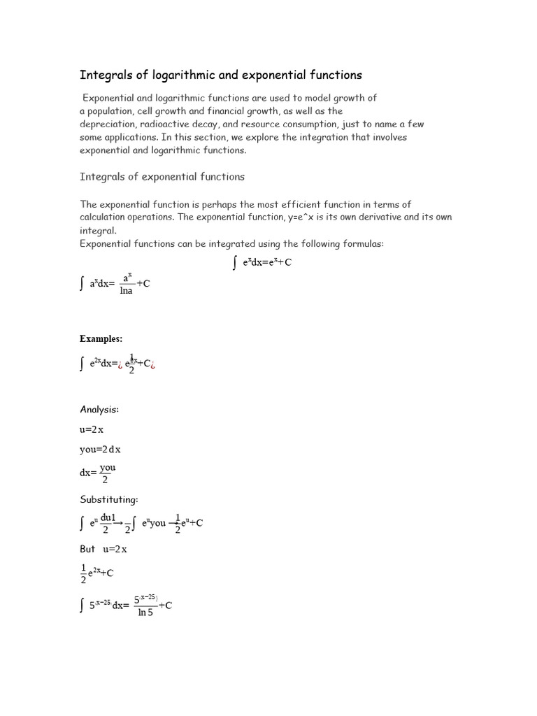 Integrals of Logarithmic and Exponential Functions | PDF | Exponential Function | Mathematical ...