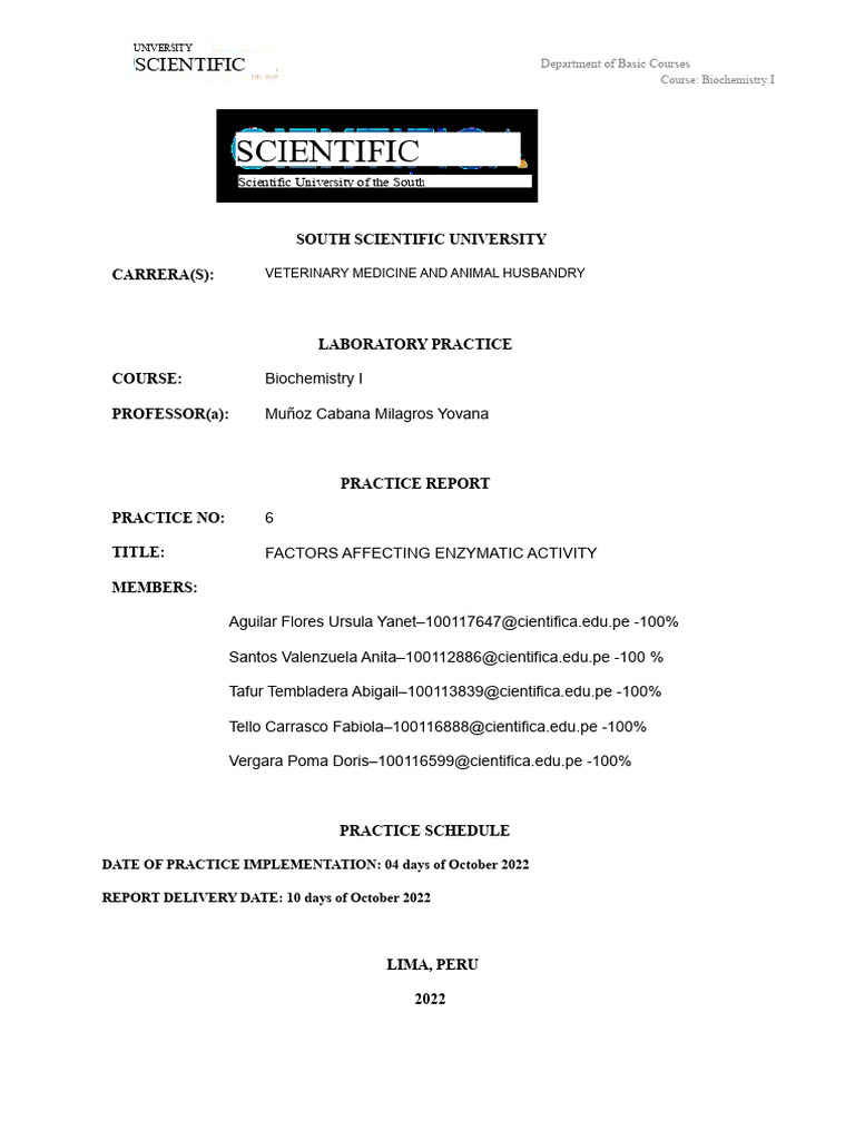 Report of Practice #6 Factors Affecting Enzymatic Activity | PDF ...