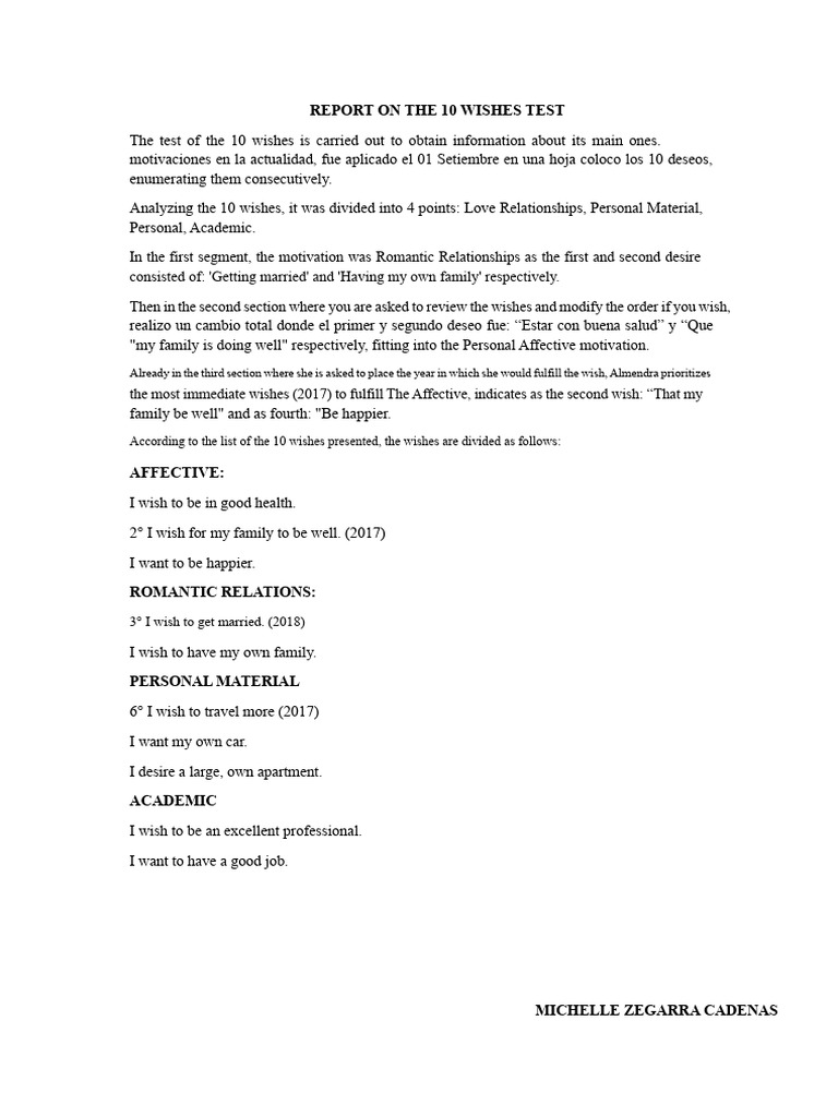Report On The Test of The 10 Wishes | PDF