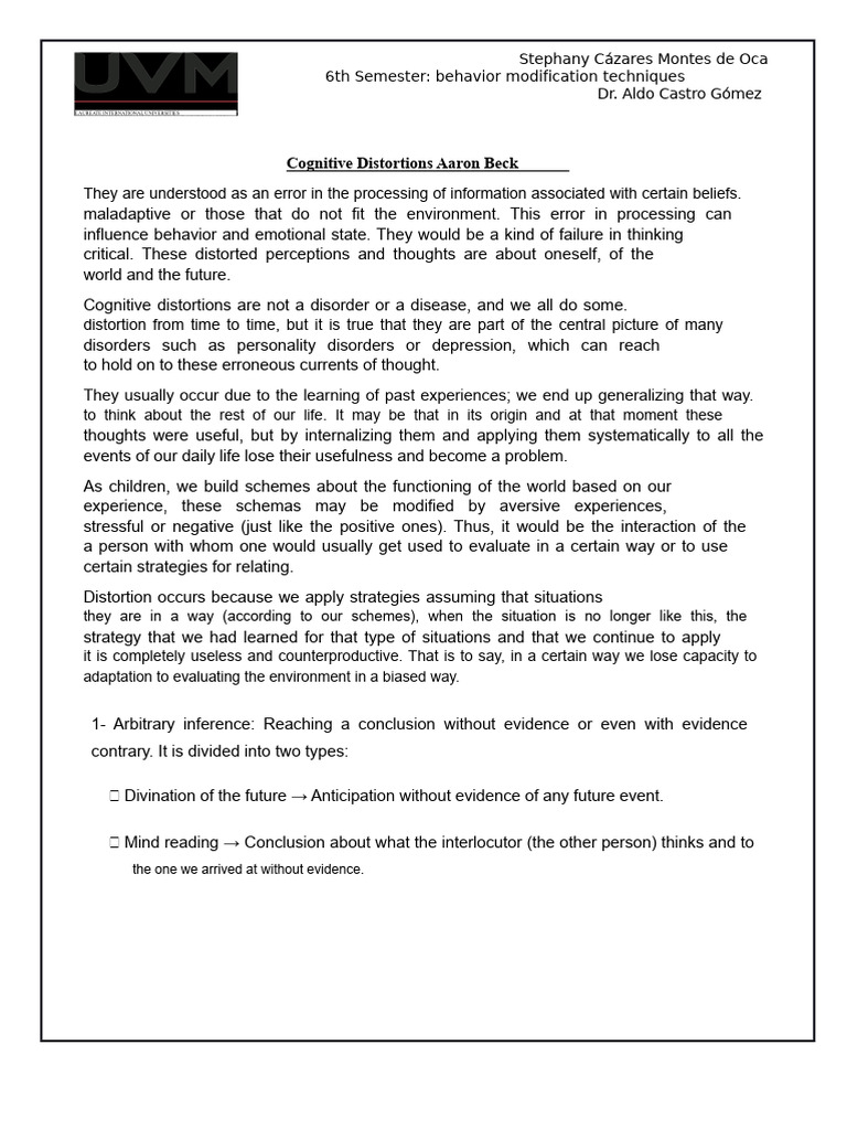 cognitive distortions Aaron Beck | PDF | Psychological Concepts ...
