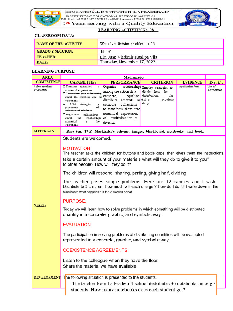 LEARNING SESSION N° 08 We solve division problems of 3 | PDF | Learning