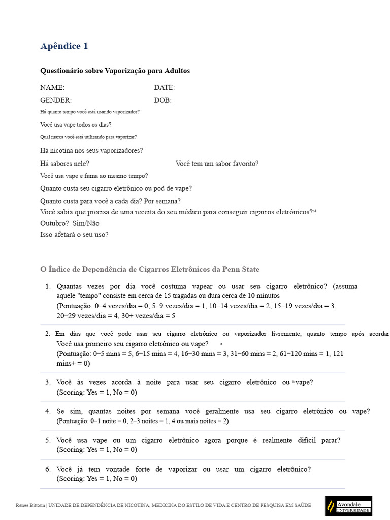 Apêndice 1 - Questionário Sobre Vaping e Índice de Dependência Da Penn ...
