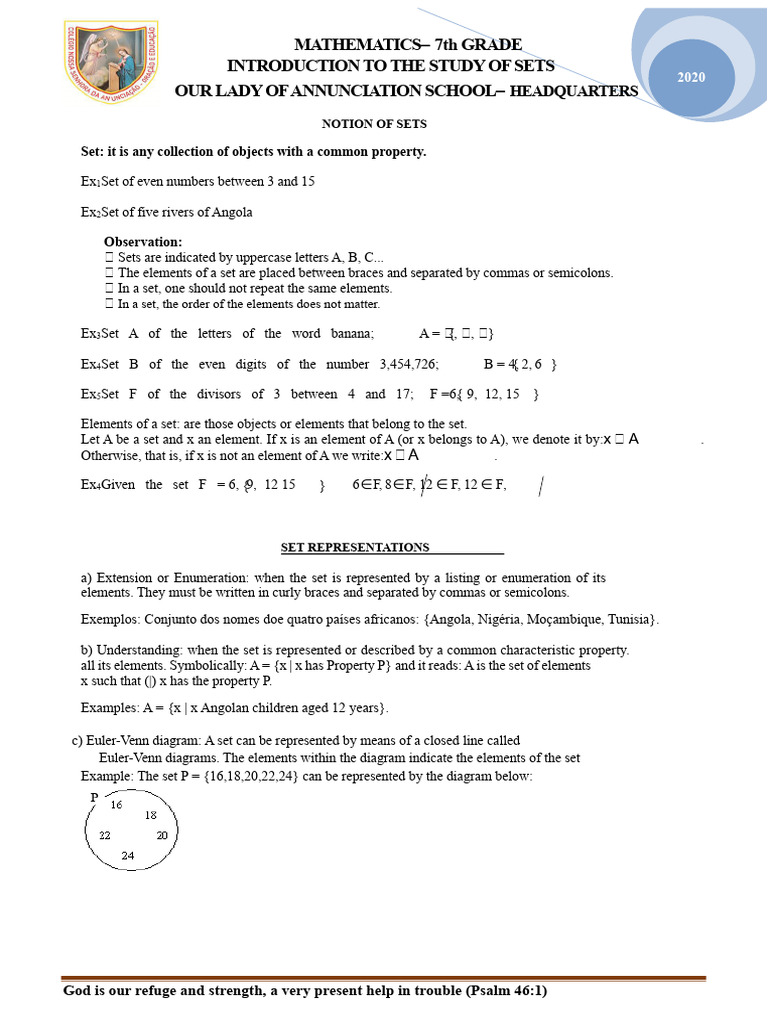 LESSON No. 1 SETS 7th GRADE | PDF | Physics | Mathematics