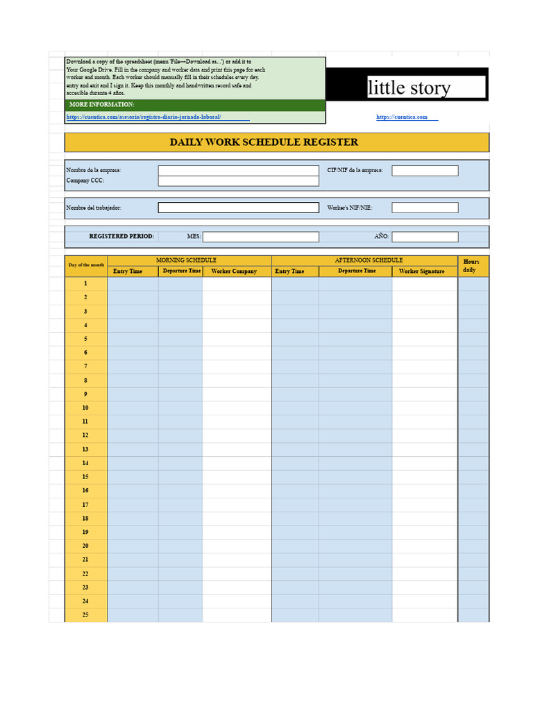 Daily Work Schedule Register Template | PDF