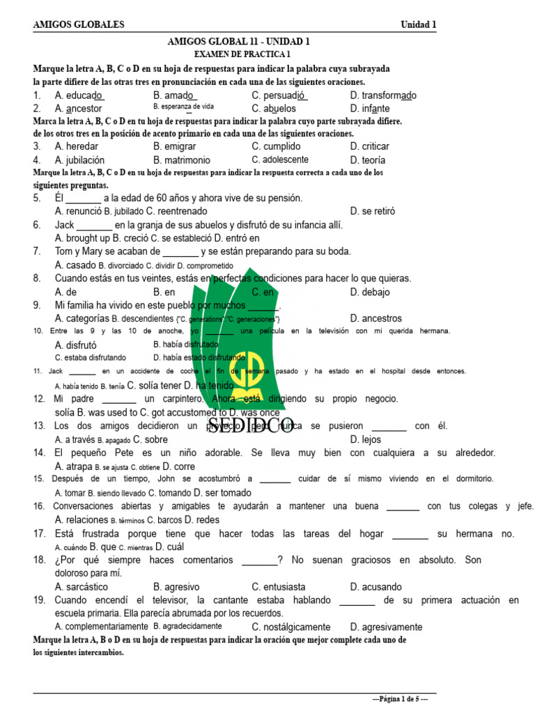Inglés 11 Amigos Global - Unidad 1 - Prueba 1 | PDF