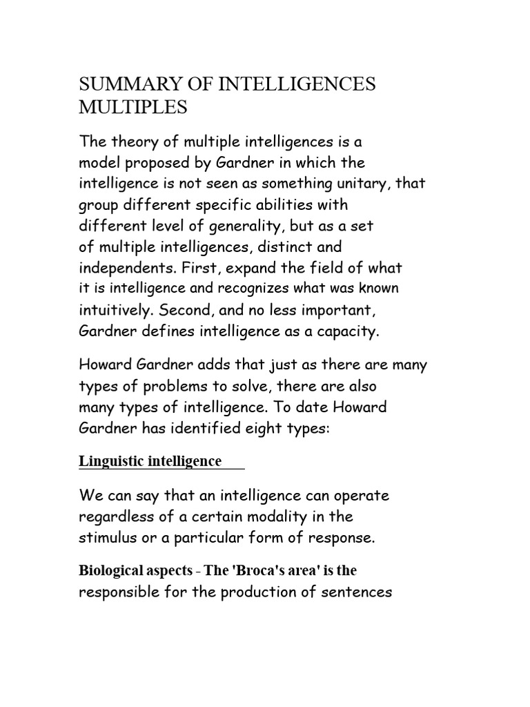 Summary of Multiple Intelligences | PDF | Intelligence | Cognitive Science