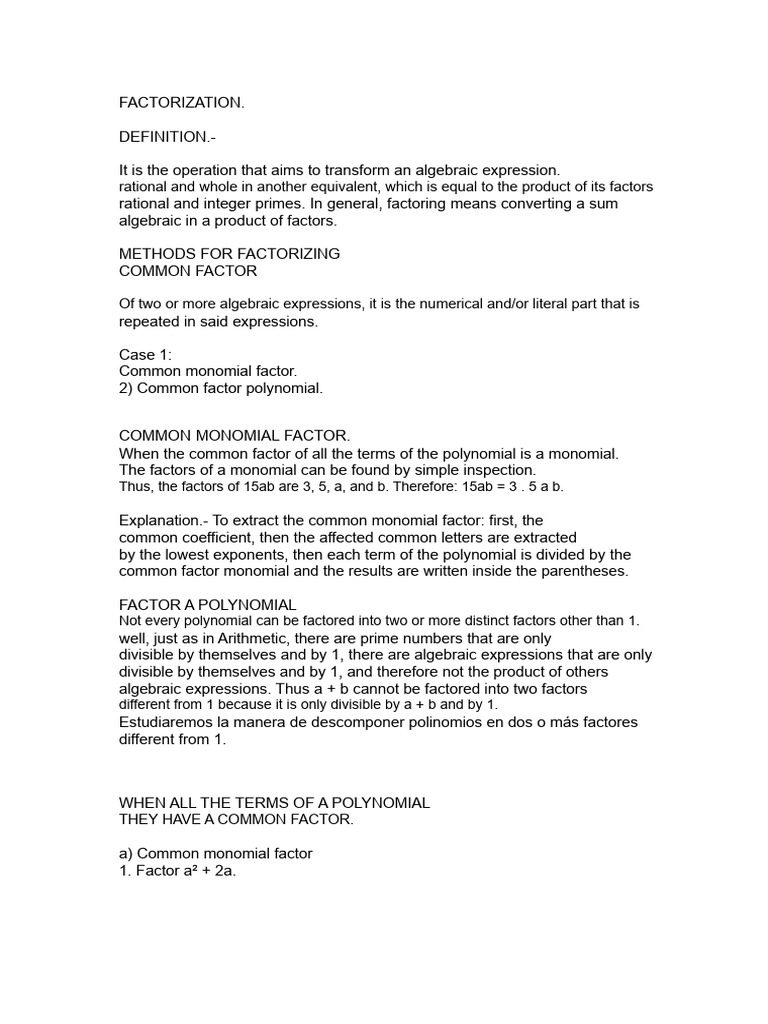 Common Factor Monomial Common Factor Polynomial | PDF | Factorization ...
