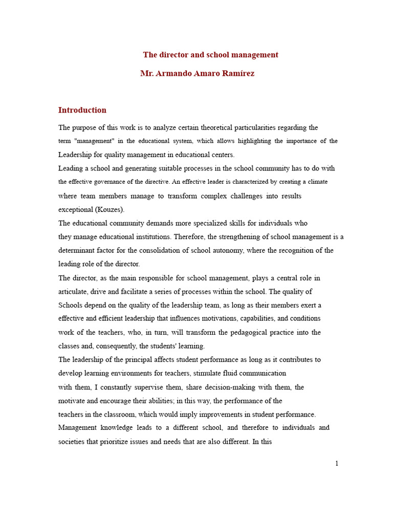 Essay The Principal and School Management AAR | PDF | Leadership ...