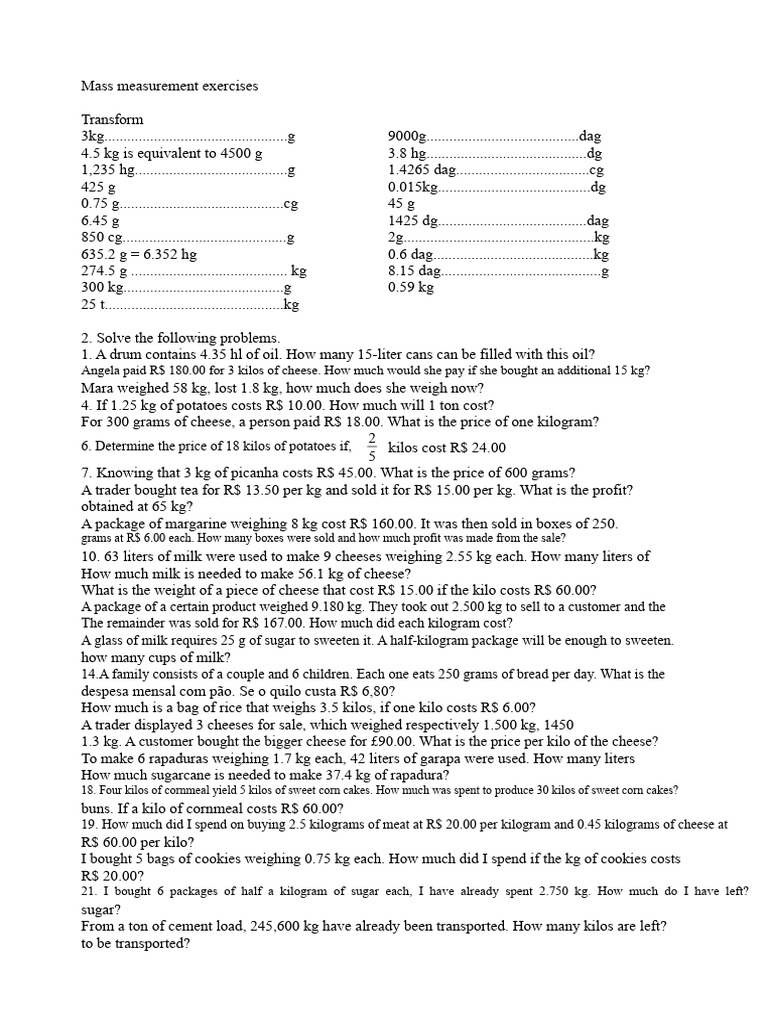 Conversion of measurements Mass Volume | PDF | Volume | Kilogram
