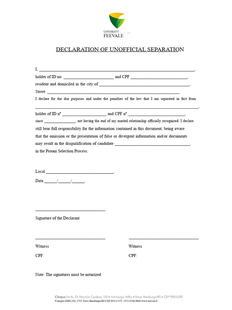 Declaration of Unregistered Separation | PDF