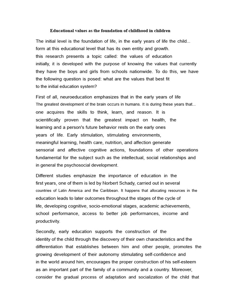 Core Educational Values in Early Childhood | PDF | Child Development ...