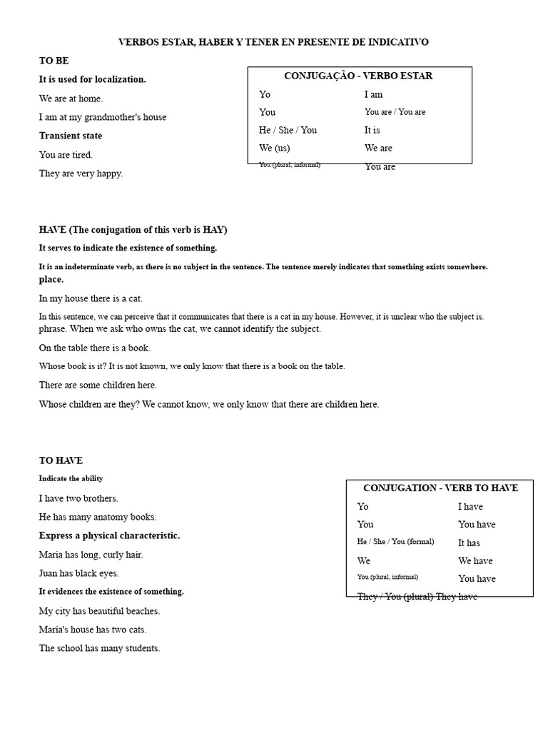 VERBS TO BE, TO HAVE, AND TO HAVE IN PRESENT INDICATIVE.docx | PDF ...
