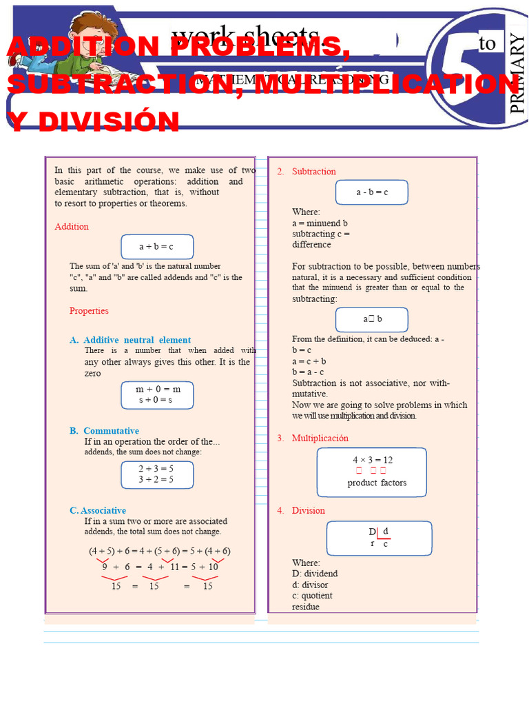 Addition, subtraction, multiplication, and division problems for fifth ...